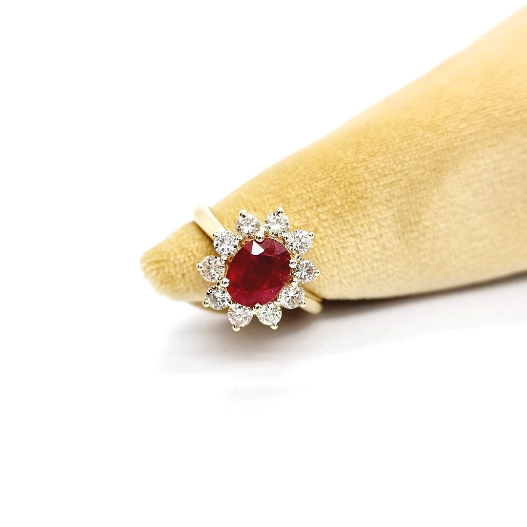 Natural Ruby Engagement Ring / Ruby and Diamond Cluster Ring / 14K ...