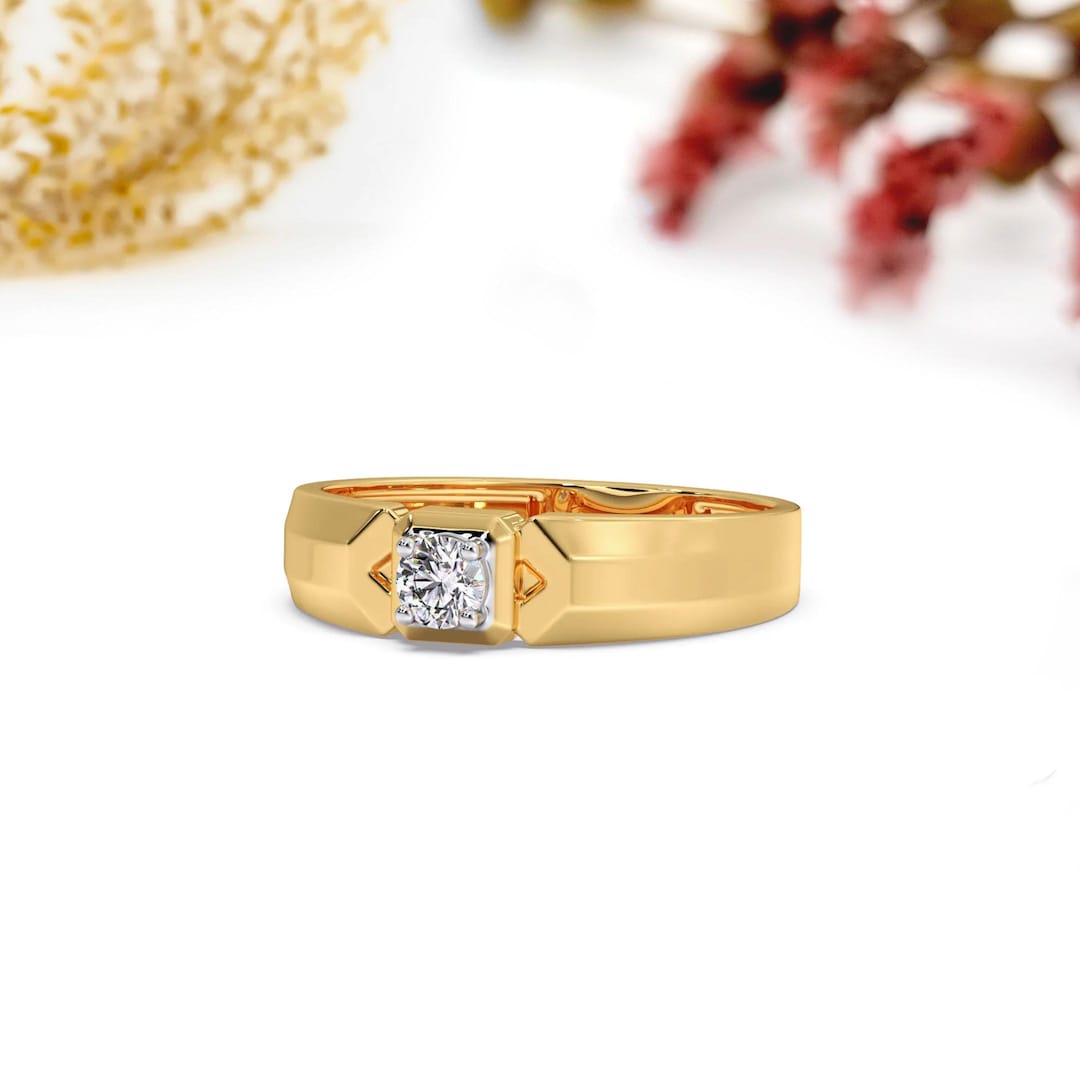 Men's 14k Gold Solitaire Diamond Ring, Round Brilliant Cut Gents ...