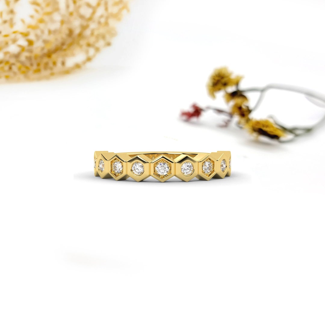 Hexagon Diamond Wedding Band: 14k Gold Cluster Engagement Ring - Etsy