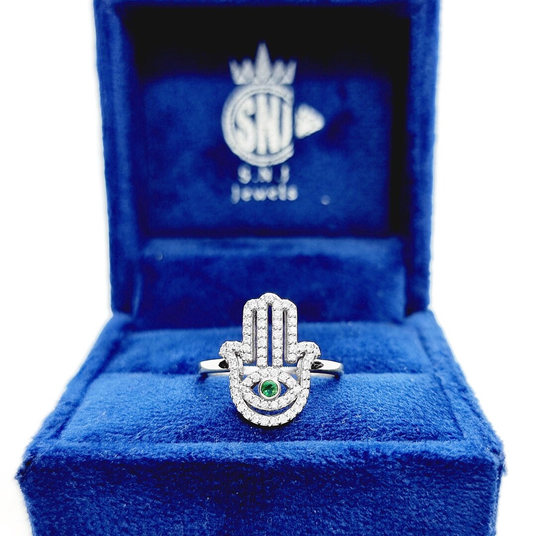 Hamsa Hand Diamond Ring / 14k Gold Diamond Ring / Diamond and Emerald ...
