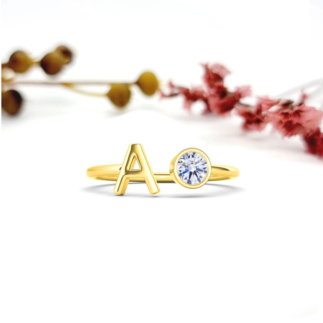 14k Gold Diamond Initial Ring / Diamond Initial Ring / Open Shank Ring ...