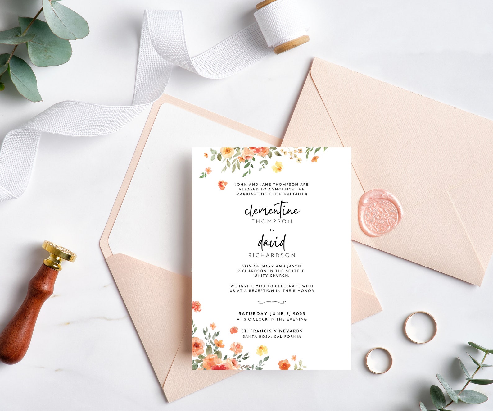 Peach Floral Wedding Invitation Suite | Coral Flower Invitation ...
