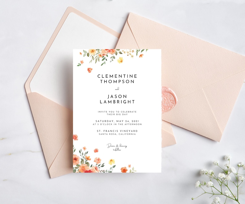 Peach Floral Wedding Invitation Suite | Coral Flower Invitation ...