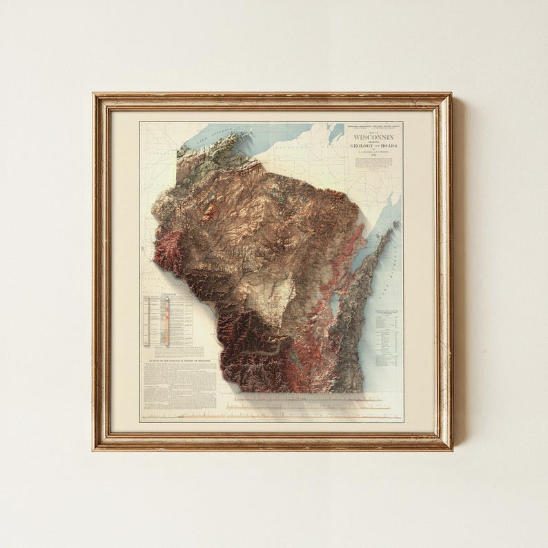 Wisconsin Geological Map 1911: Topographic Relief, Vintage Style Art ...