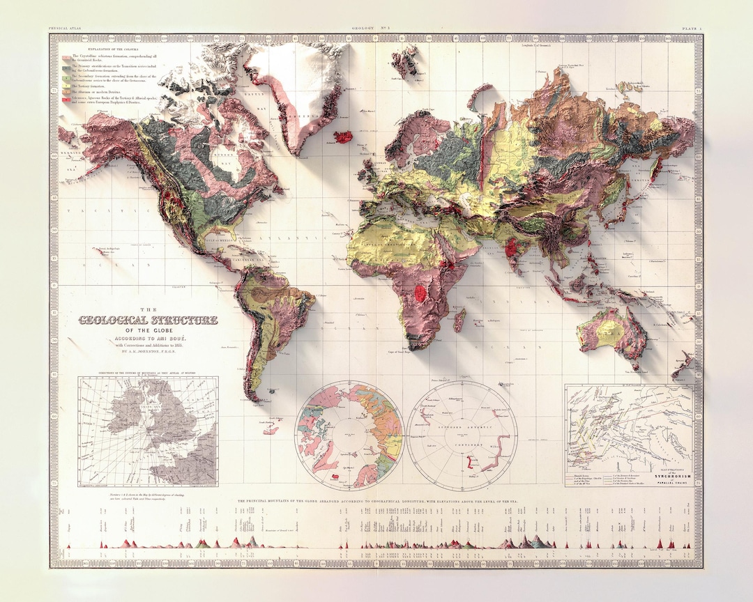 Geological Map of the World 1855: Detailed Relief Map Print, Vintage ...