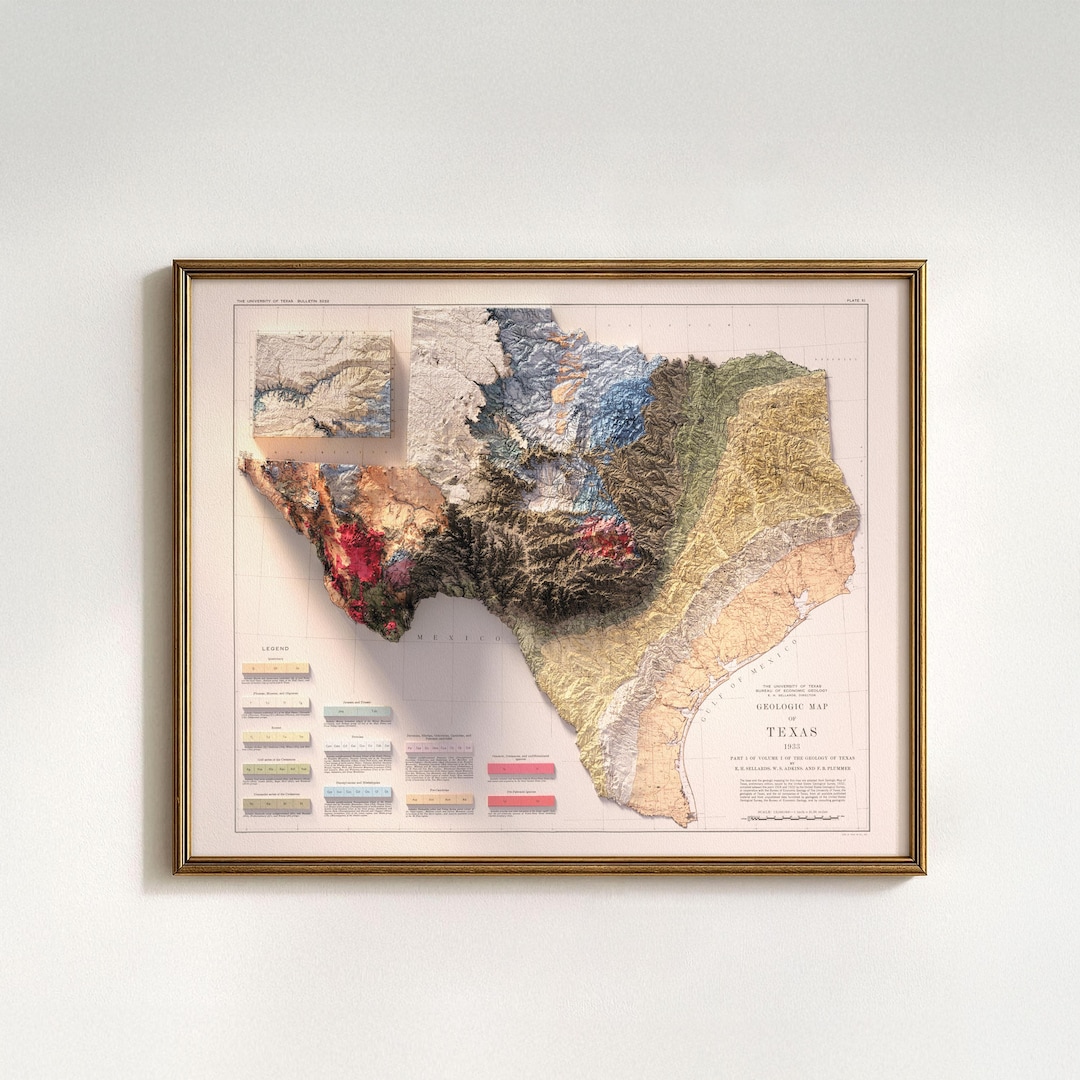 Vintage Texas Map: Shaded Relief Wall Art, Elevation and Geology Poster ...