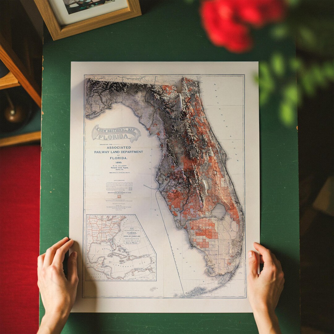 Florida Map Print: Vintage Elevation Wall Art, Shaded Topography Decor ...