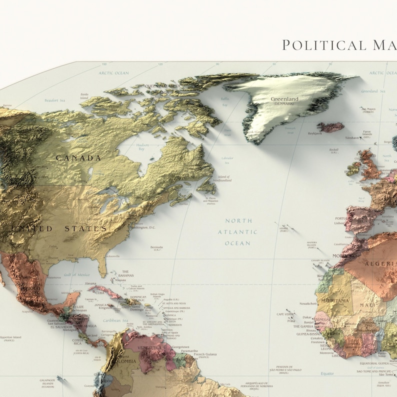 World Political Map: Topographic Elevation Print, Relief Wall Art ...
