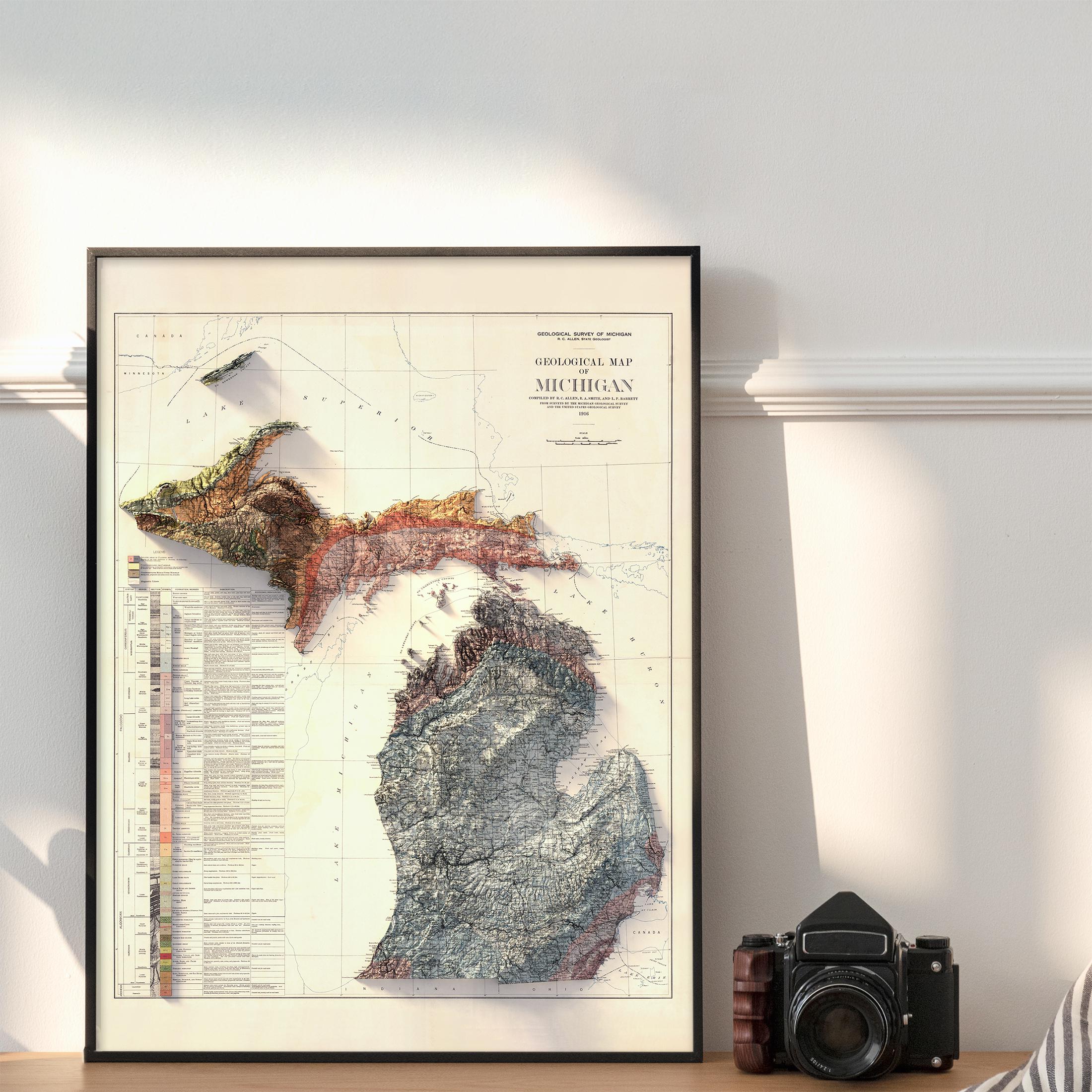 Michigan Geological Map 1916: Topographic Relief Art Print, Wall Decor ...