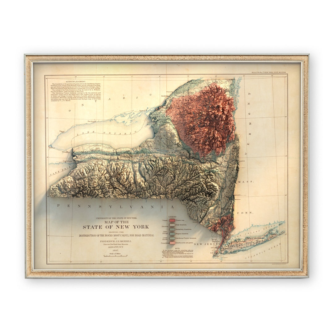 New York State Map 1897 Vintage Home Decor Wall Art Topography Giclée ...