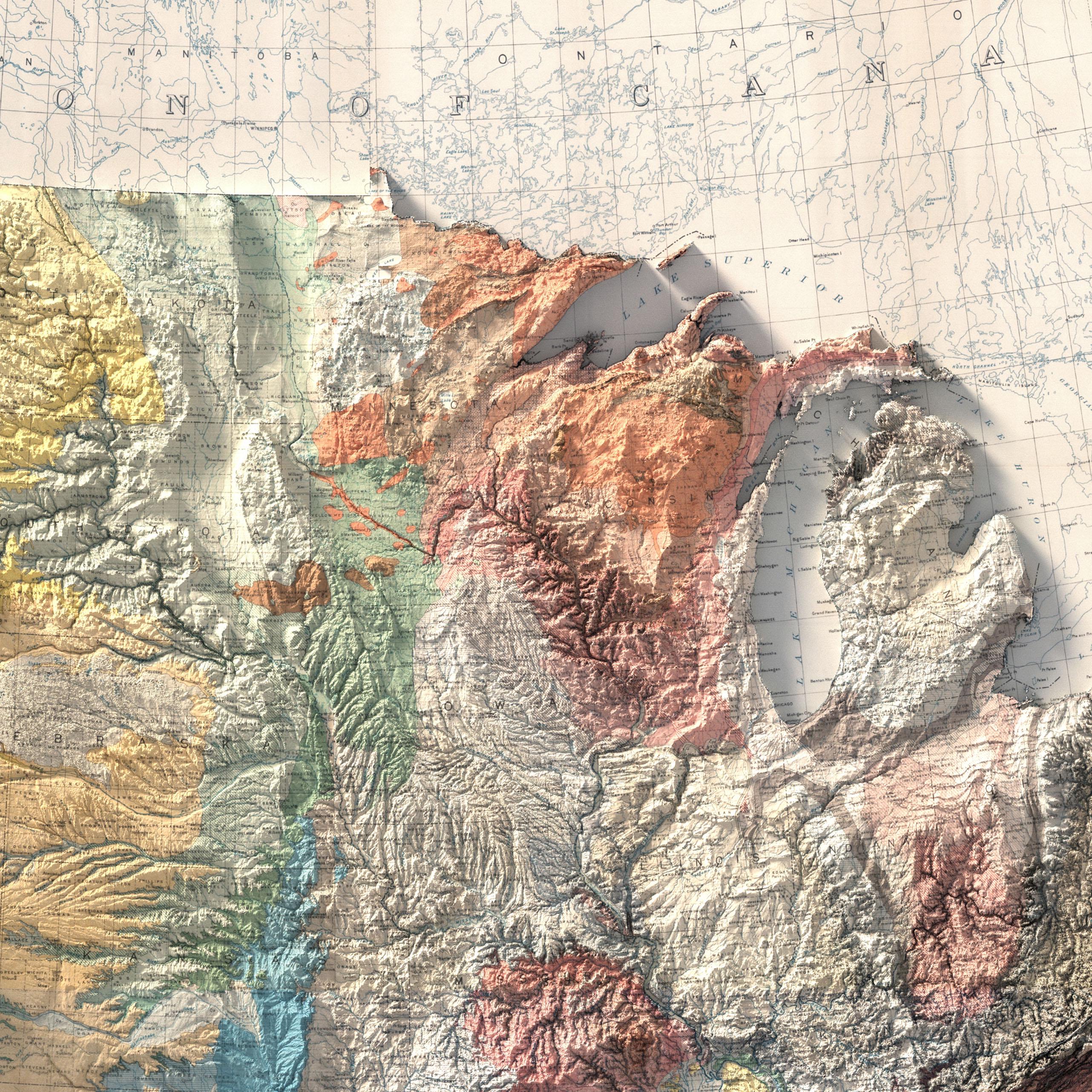 Vintage Geological Map of the United States: Relief Topography, USA Map ...