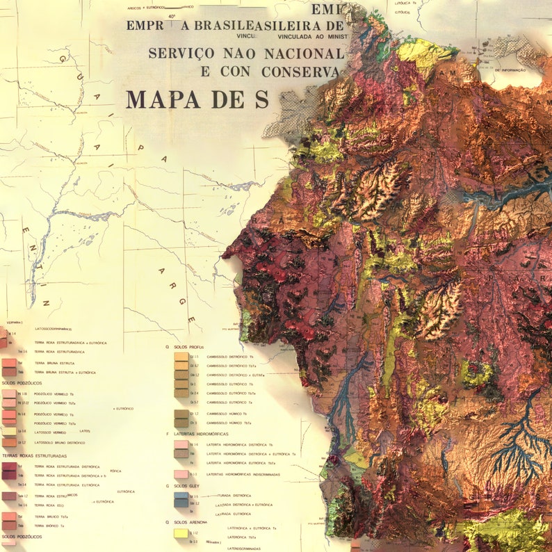 Brazil Soil Map Vintage Elevation Map Topography Shaded - Etsy