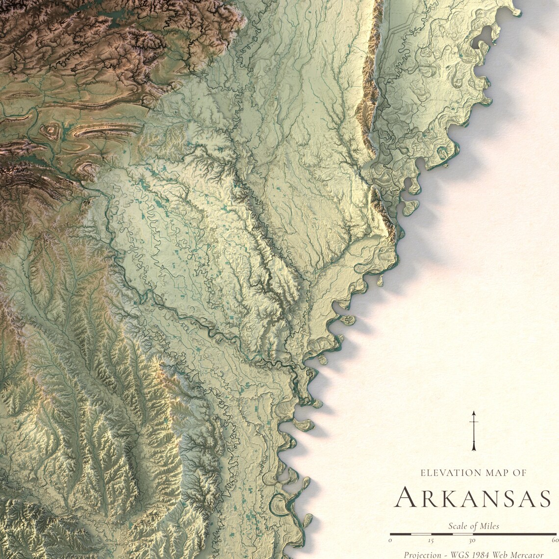 Arkansas Topographic Map Art Print: Shaded Relief Wall Decor - Etsy