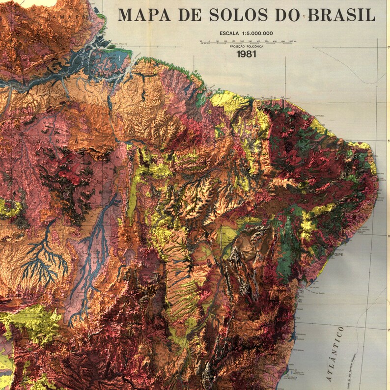 Brazil Soil Map Vintage Elevation Map Topography Shaded - Etsy