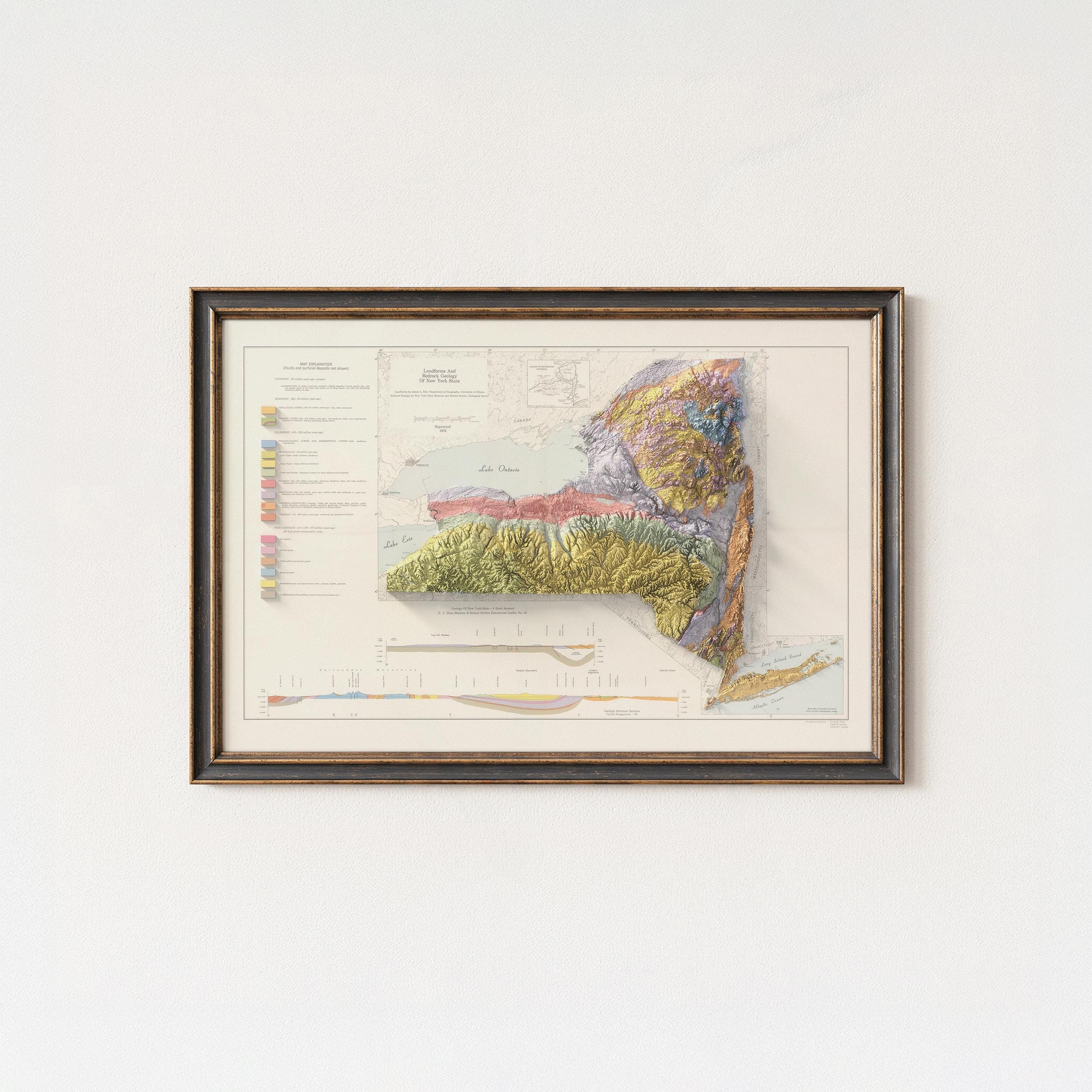 New York Geology Wall Map: Vintage Art Print, Ultra-realistic Terrain ...