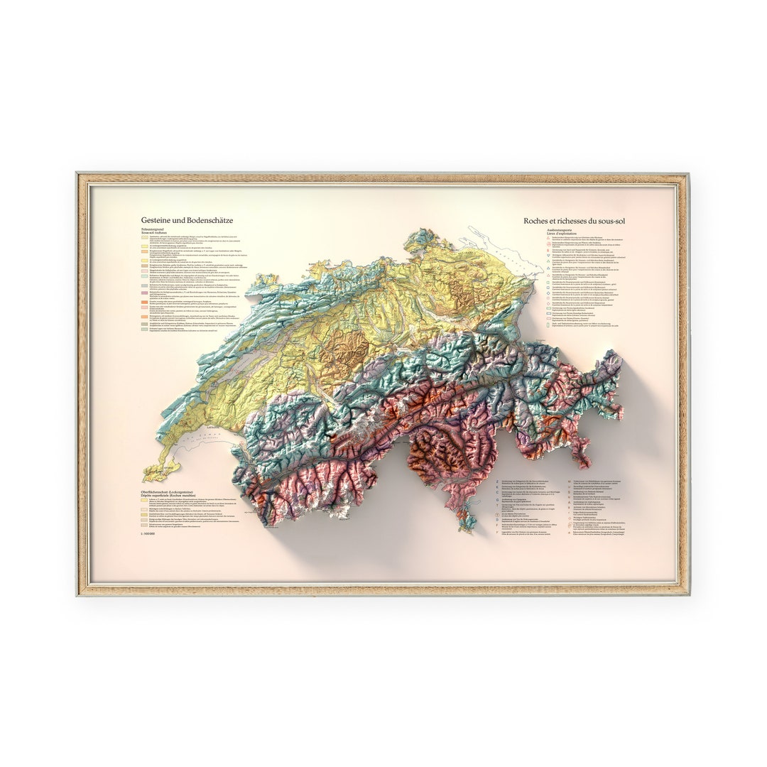 Switzerland Map - Geology - Wall Decor - Topography - Art Print ...