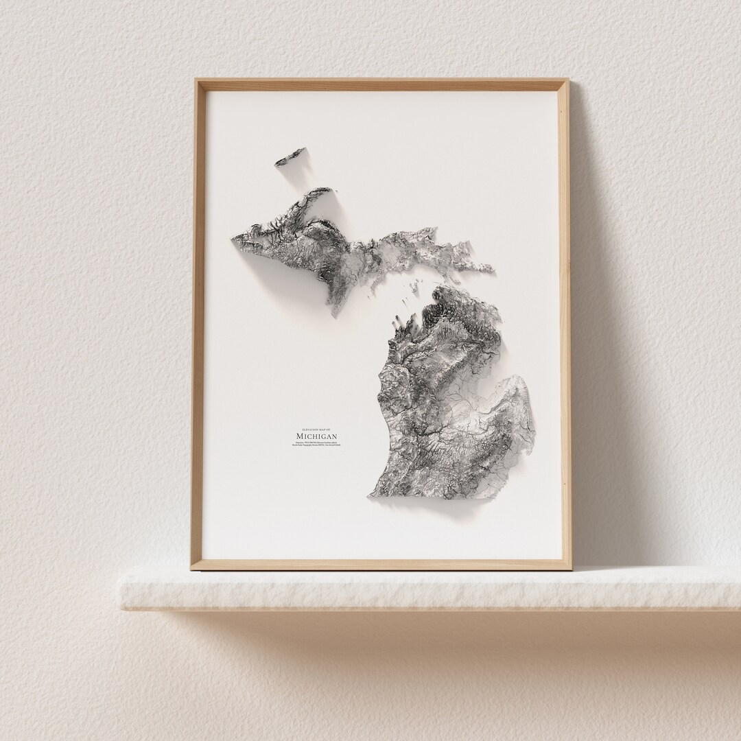 Michigan BW Shaded Relief Map Wall Decor Topography Giclée Print on ...