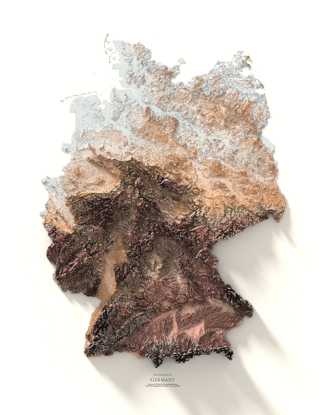 Germany Elevation Map Shaded Relief Map Art Print - Etsy