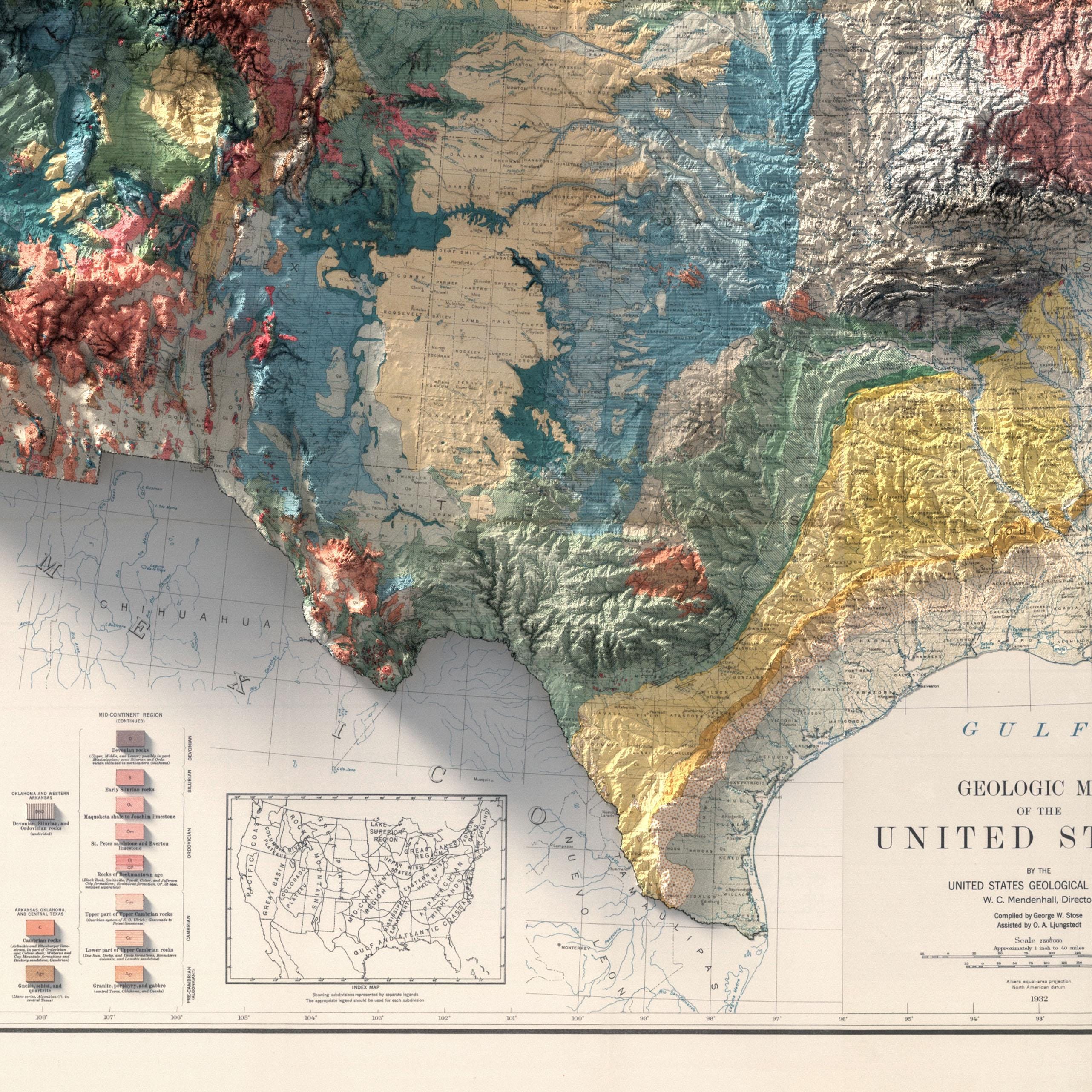 Vintage Geological Map of the United States: Relief Topography, USA Map ...