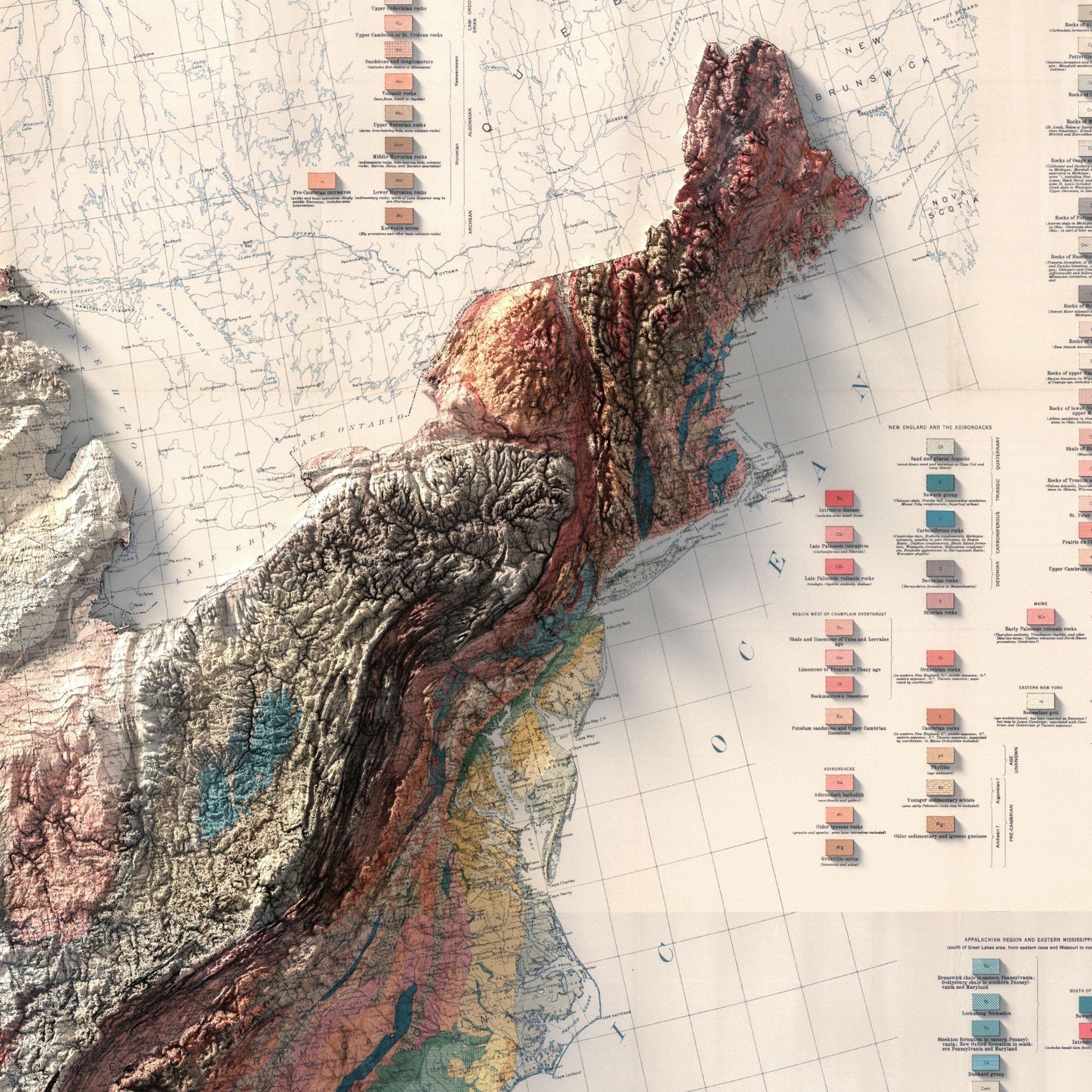 Vintage Geological Map of the United States: Relief Topography, USA Map ...
