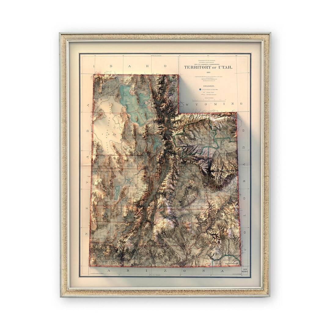 Topography Map of Utah (1893)- Shaded Relief Map - Wall Decor ...