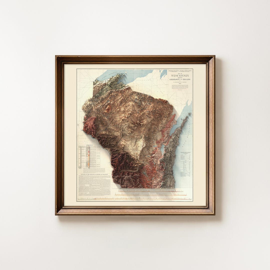 Wisconsin Geological Map 1911: Topographic Relief, Vintage Style Art ...