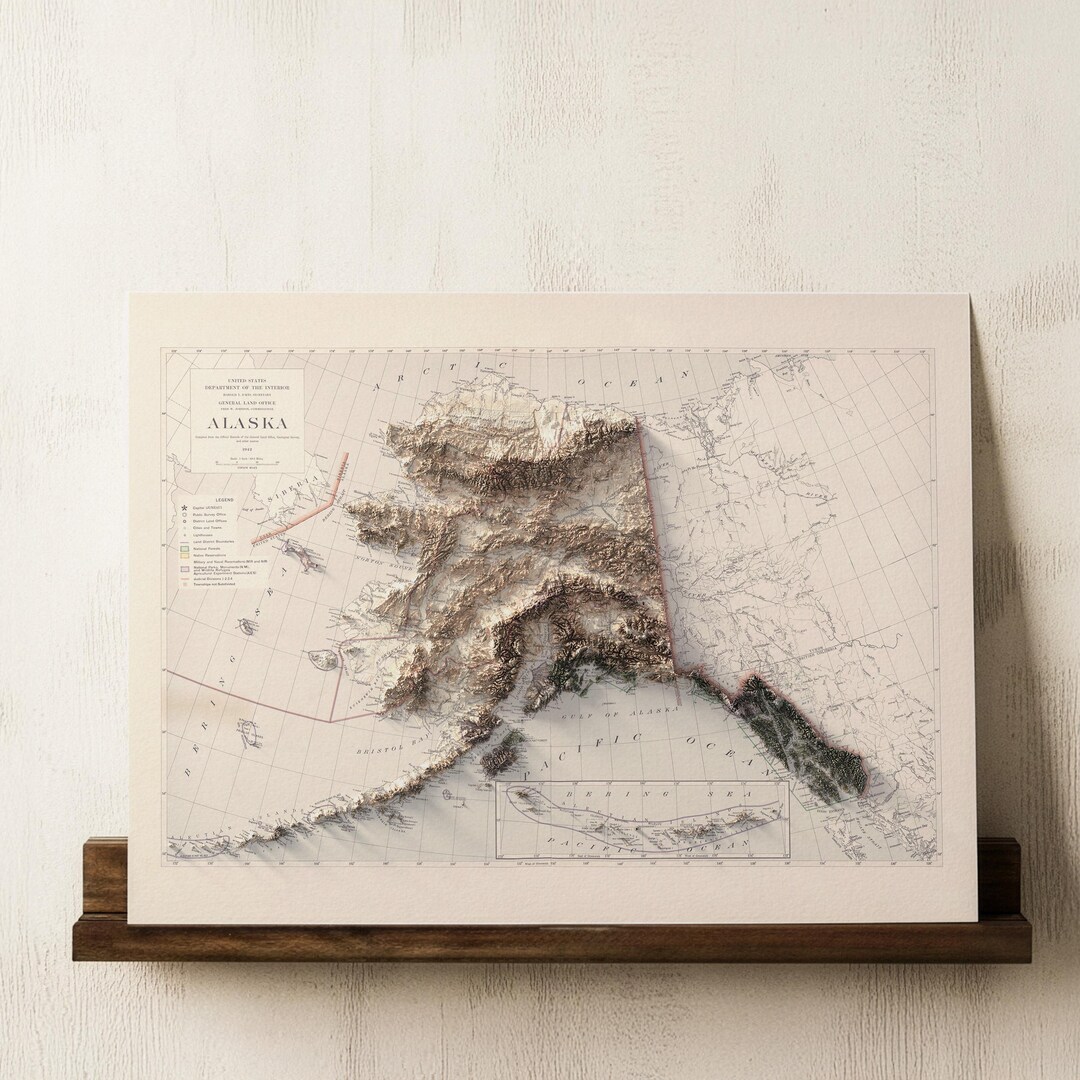 Alaska Vintage Map: Relief Map Art Print, Wall Map Decor, Realistic ...