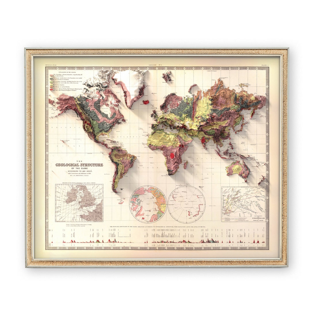 Geological Structure Map of the World 1855 Wall Decor Topography Giclée ...
