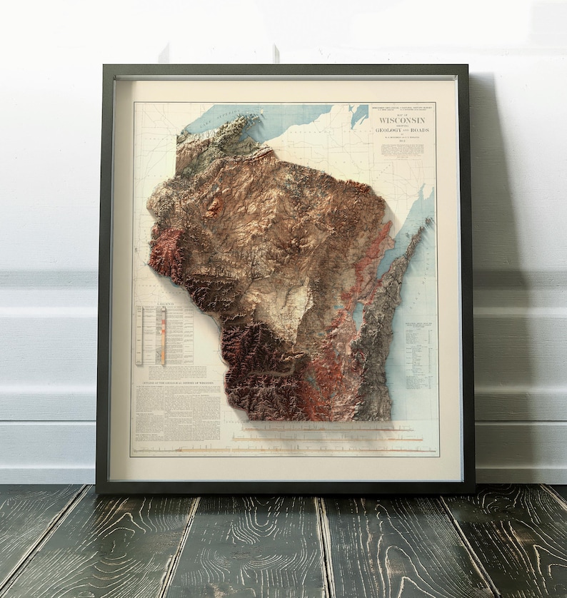 Wisconsin Geological Map 1911: Topographic Relief, Vintage Style Art ...