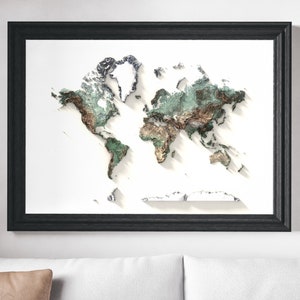 The World Map 3 - Topography - Elevation - Vintage Home Decor - Art ...