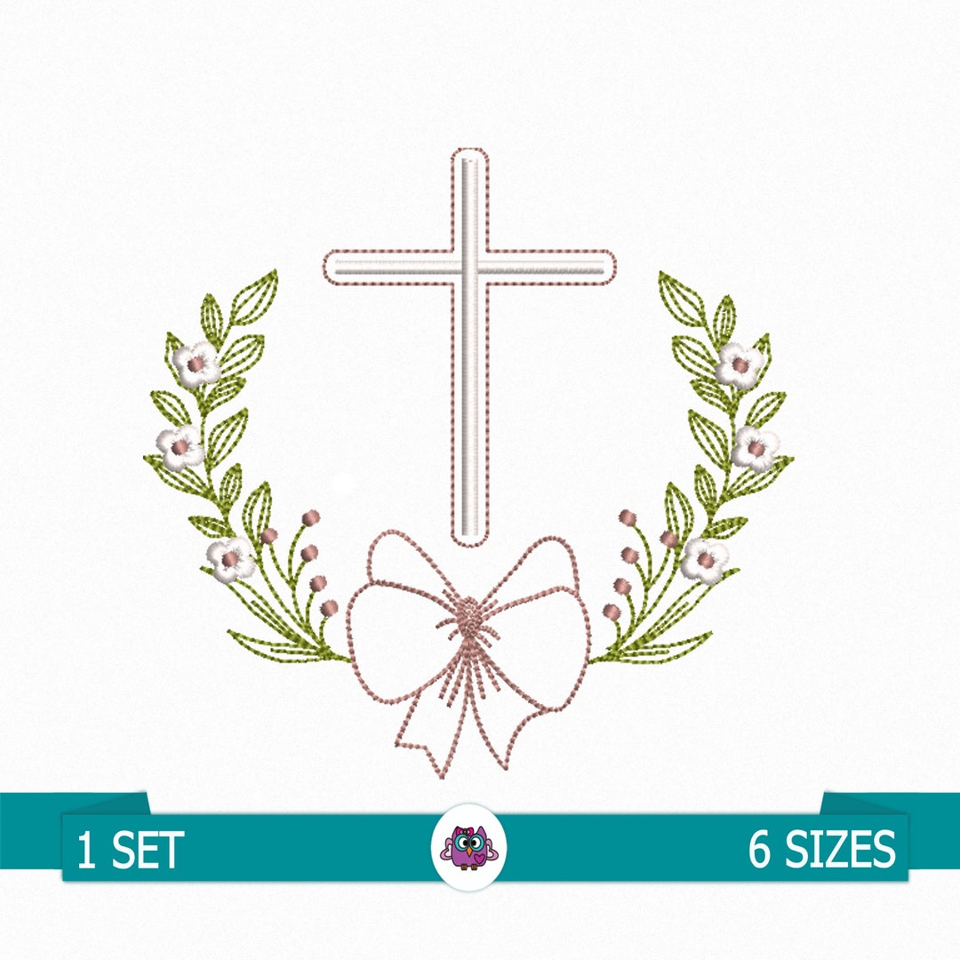 Baptism Cross Flowers Bow - Digital Embroidery Design - Embroidery ...