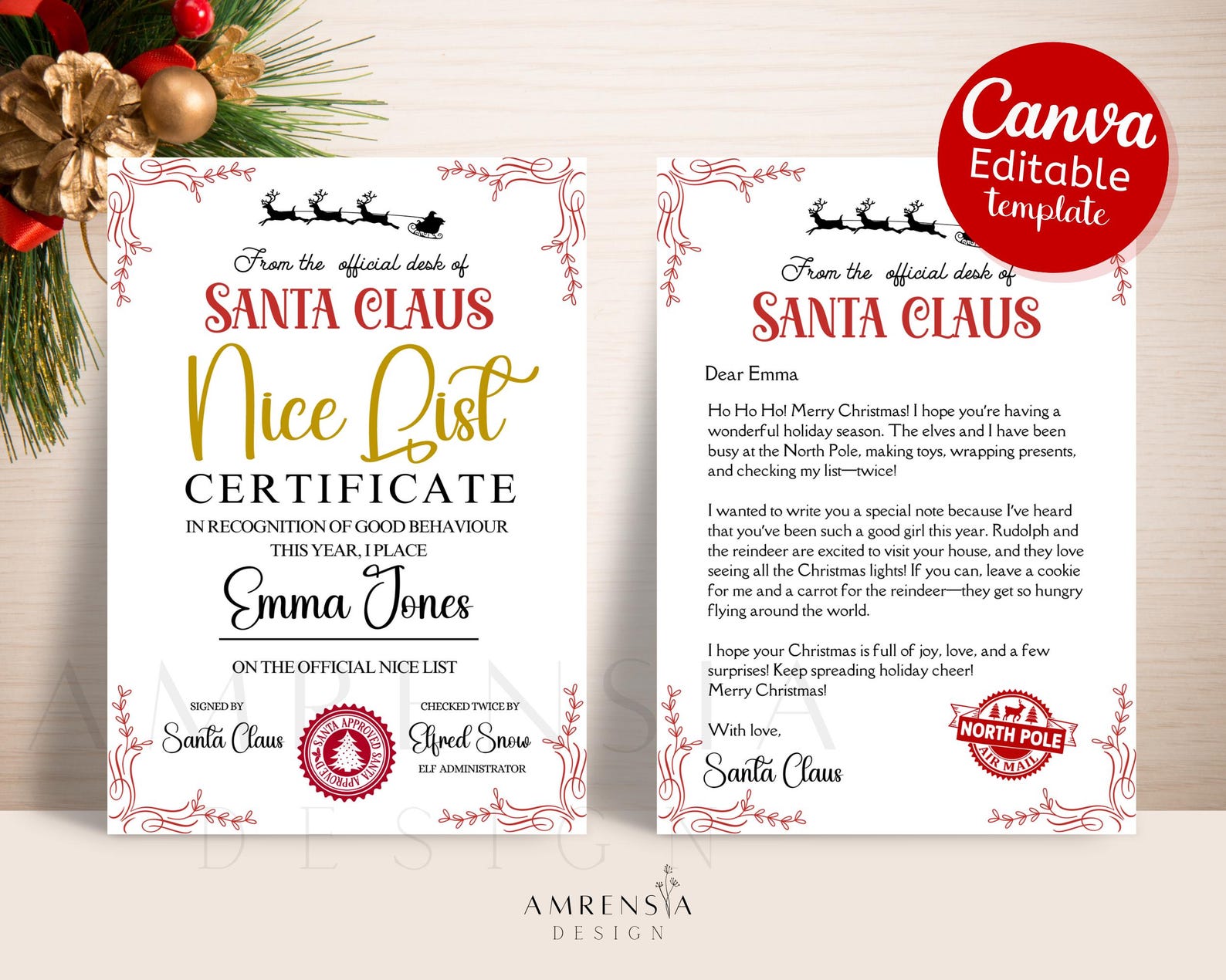 Editable Letter From Santa Nice List Certificate Canva Christmas ...
