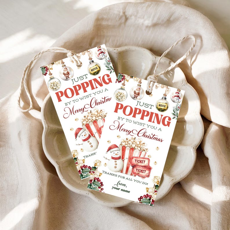 EDITABLE Just Popping by to Wish You Merry Christmas Gift Tags, Popcorn ...