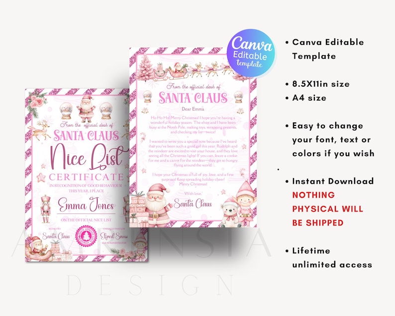 Editable Letter From Santa, Nice List Certificate, Pink Christmas ...