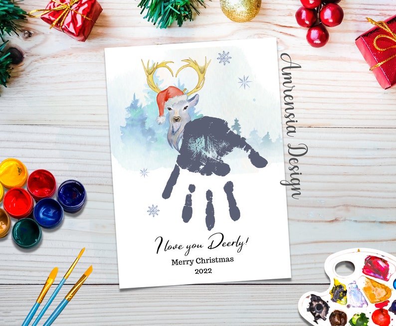 Printable Christmas Card Deer Christmas Handprint Art Kids - Etsy