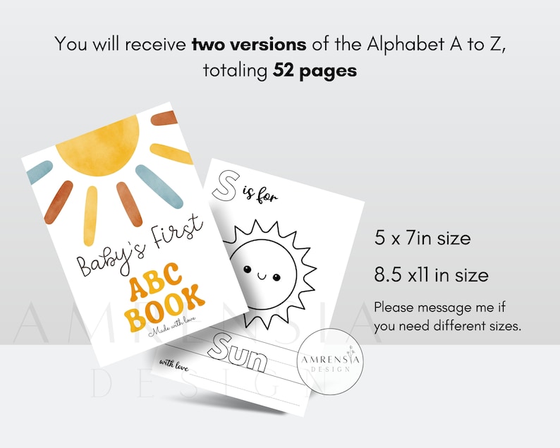 52 PAGES Boho Retro Sun ABC Baby Shower Coloring Book, Baby's First ABC ...