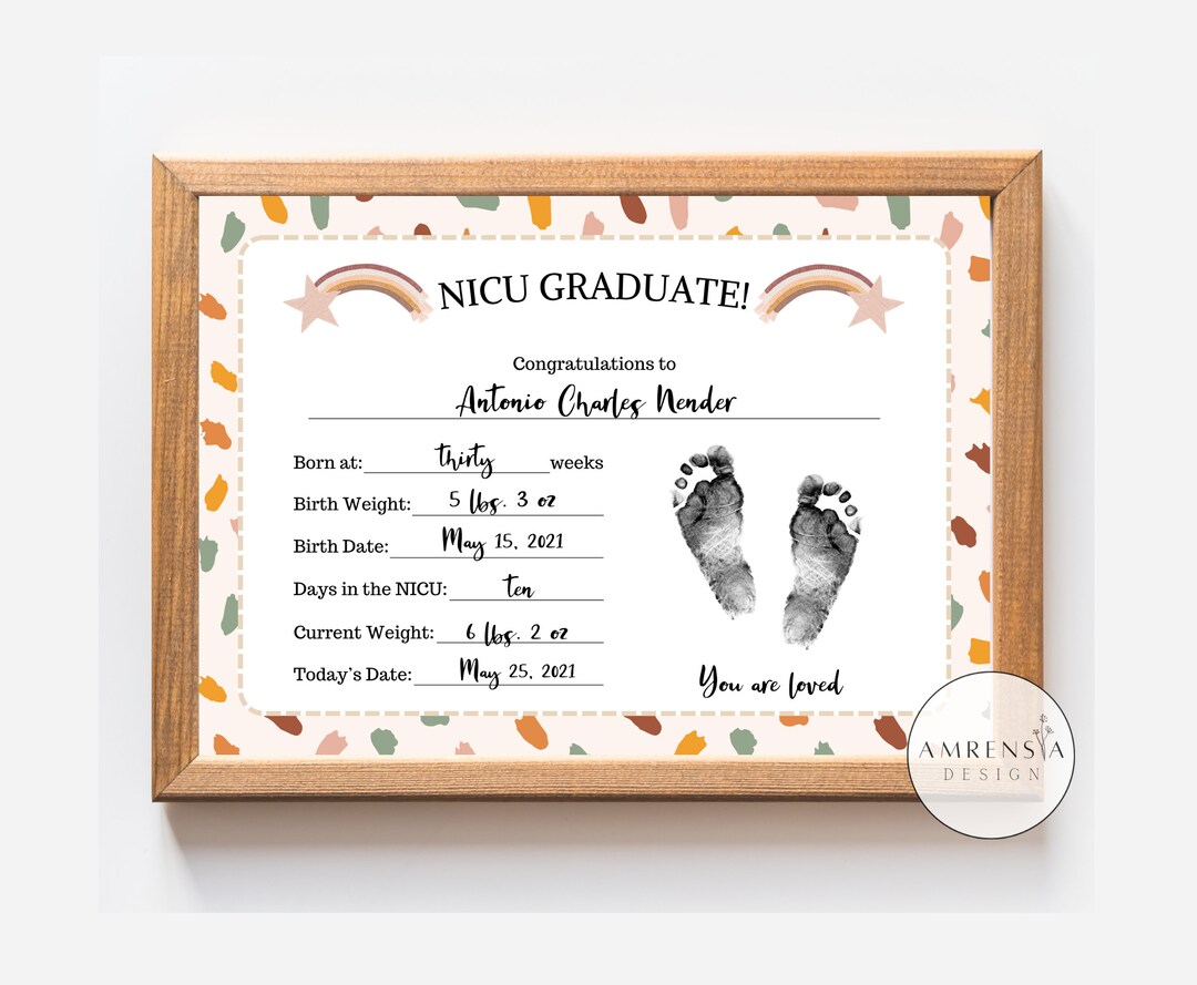 NICU Graduate Printable Footprint Boho, Newborn Baby Footprint, NICU ...