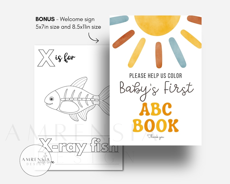 52 PAGES Boho Retro Sun ABC Baby Shower Coloring Book, Baby's First ABC ...