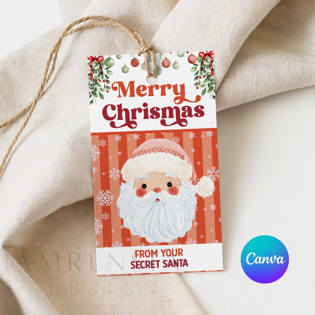 EDITABLE Retro Christmas Tag Merry Christmas Favor Tags Vintage Santa ...