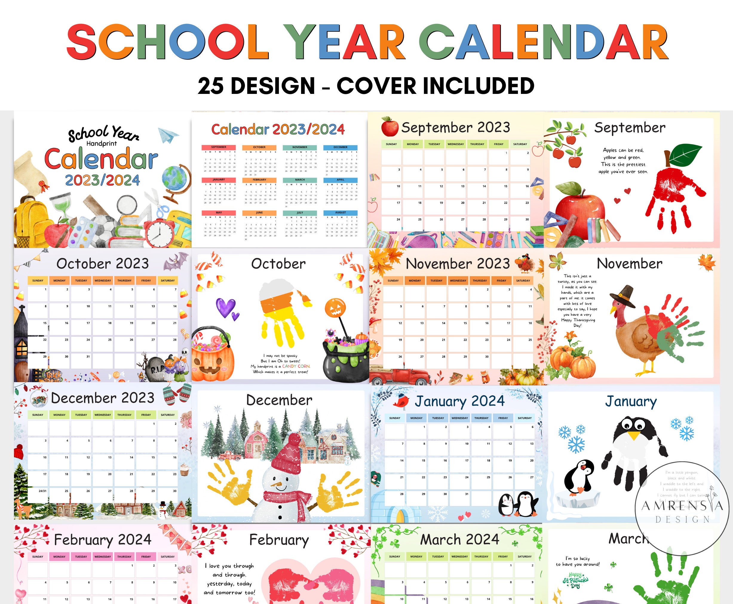 School Year Handprint Calendar 2025/2026 Memory Book Printable for Prek ...