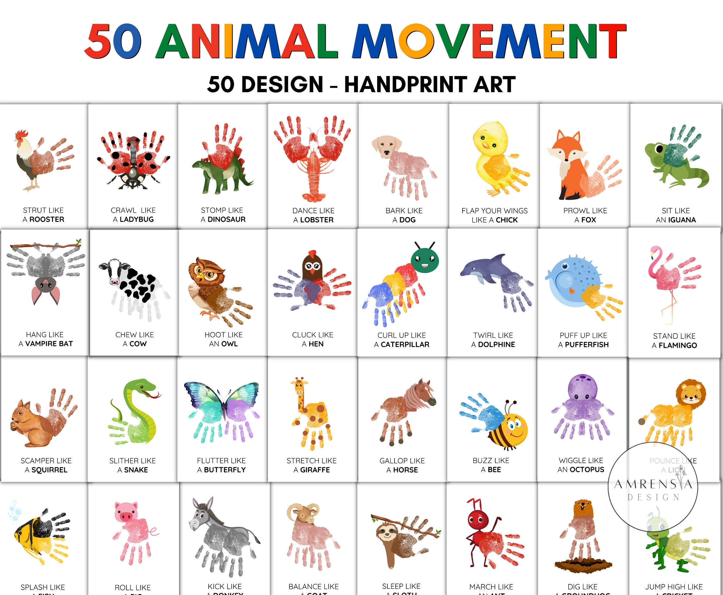 50 Animal Movement Handprint Art Kit for Toddlers, Preschoolers, First ...