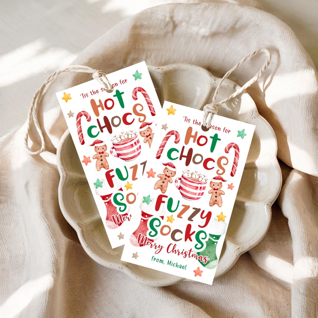 EDITABLE Hot Chocolate Fuzzy Socks Christmas Gift Tag Merry Christmas ...