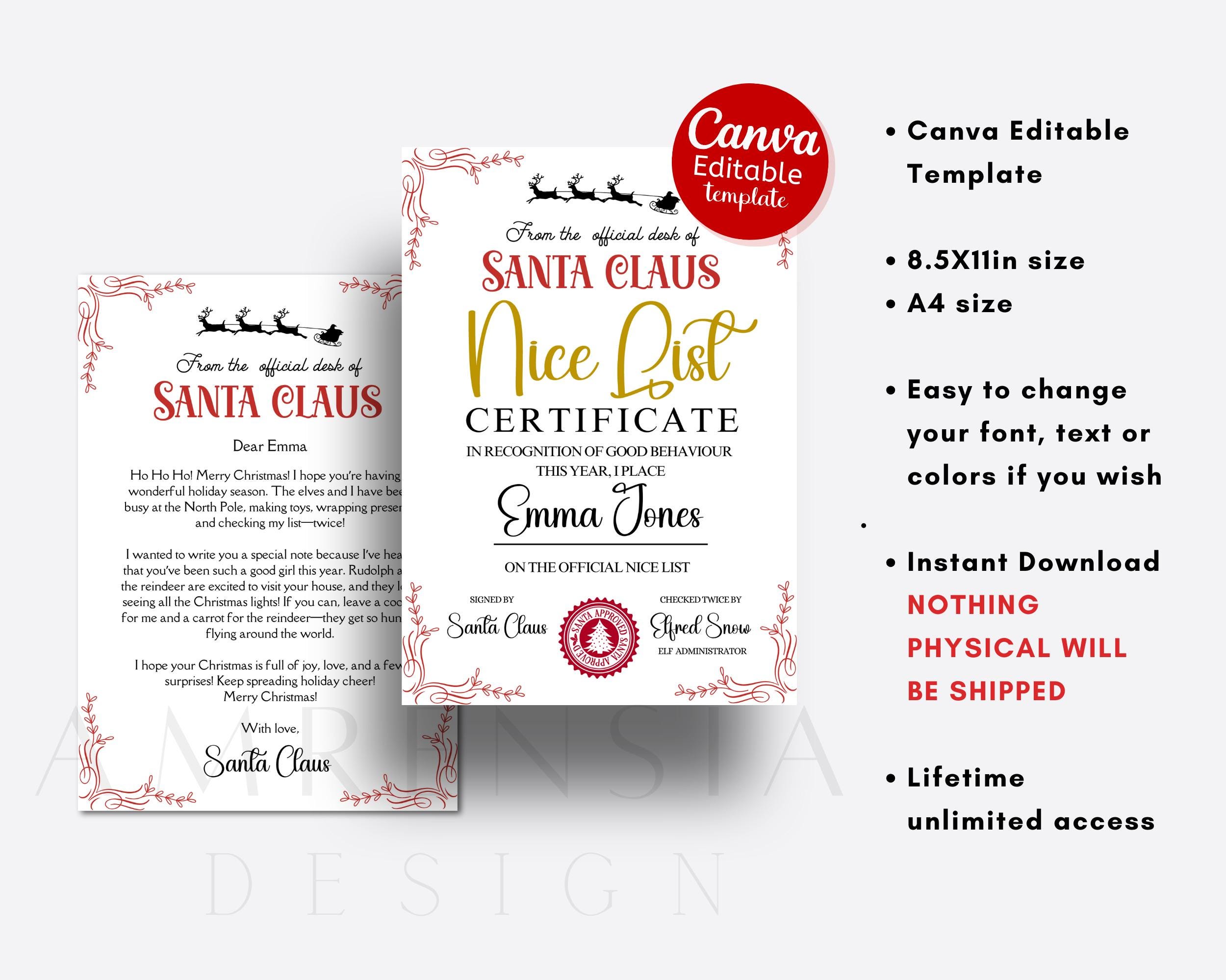 Editable Letter From Santa Nice List Certificate Canva Christmas ...