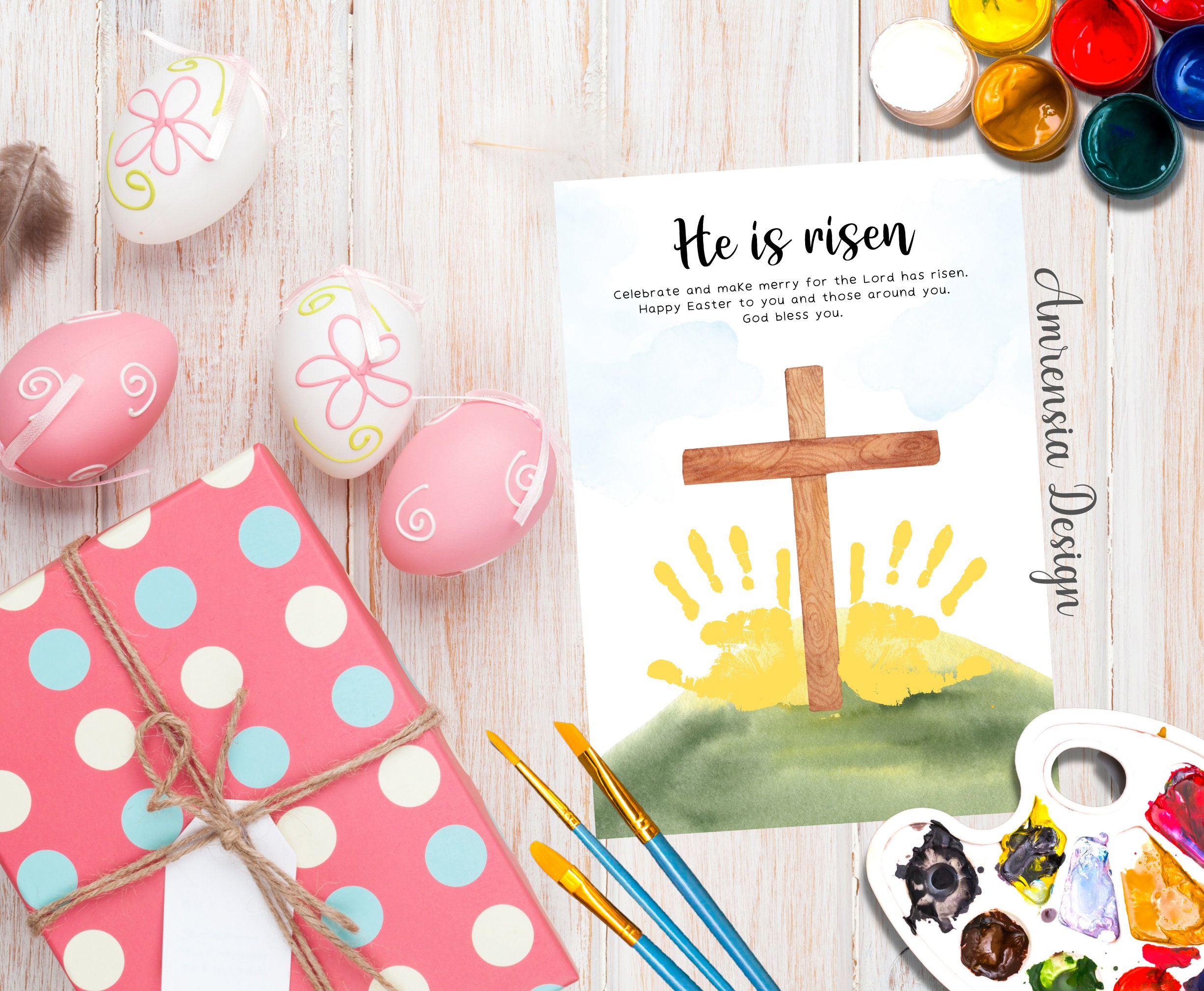 He is Risen, Happy Easter, Handprint Art Template for Baby Kids Toddler ...