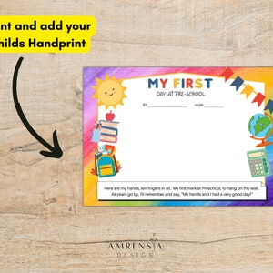 2 Versions Personalize My First Day of Preschool Handprint Art, My ...