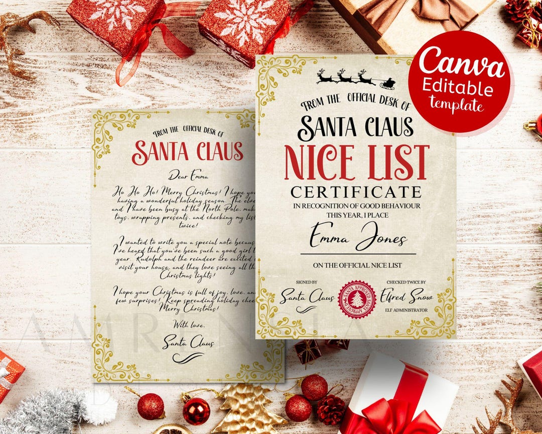Editable Nice List Certificate Letter From Santa Vintage Themed Canva ...