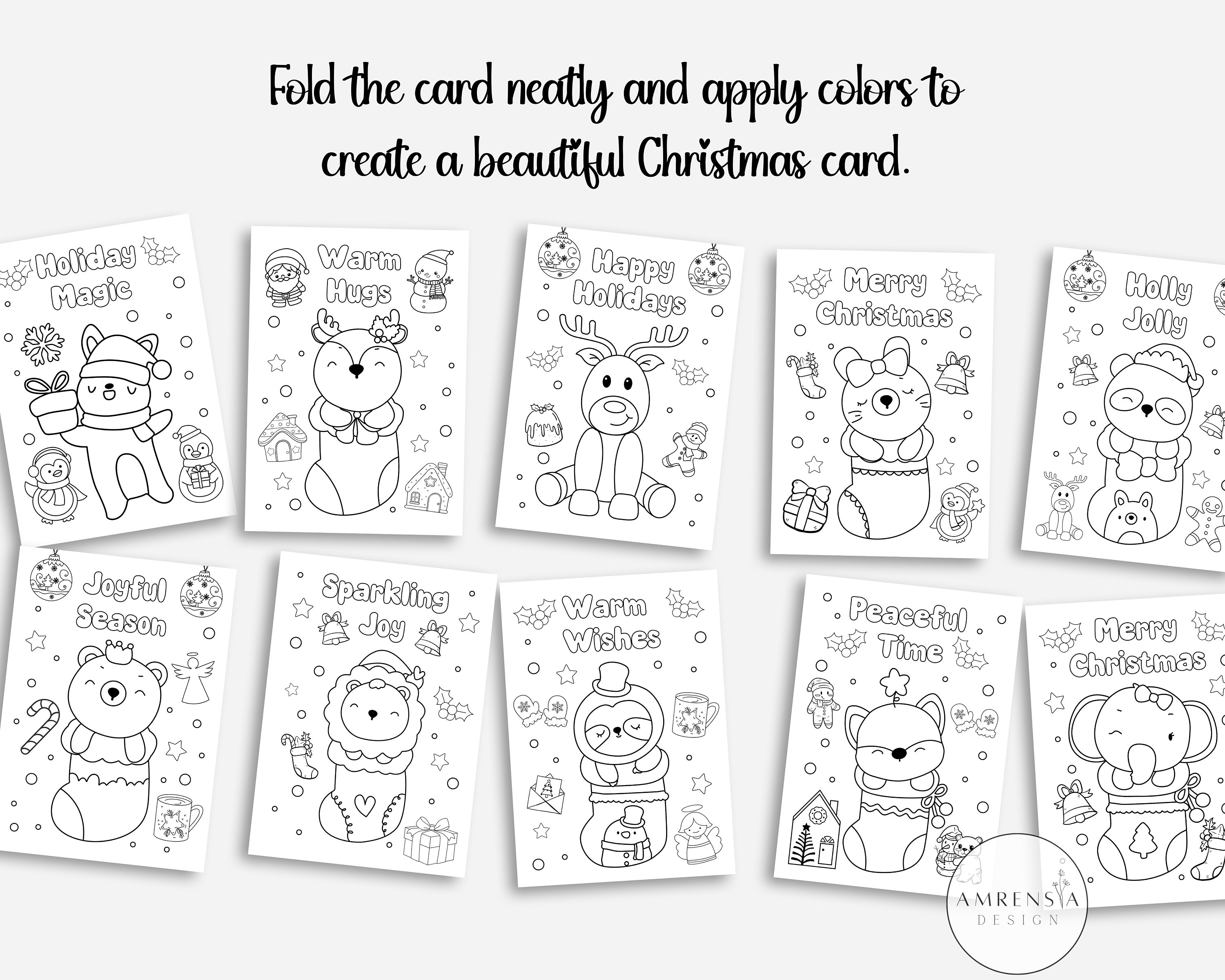 Christmas Animal Coloring Cards for Kids, Color in Christmas Card ...