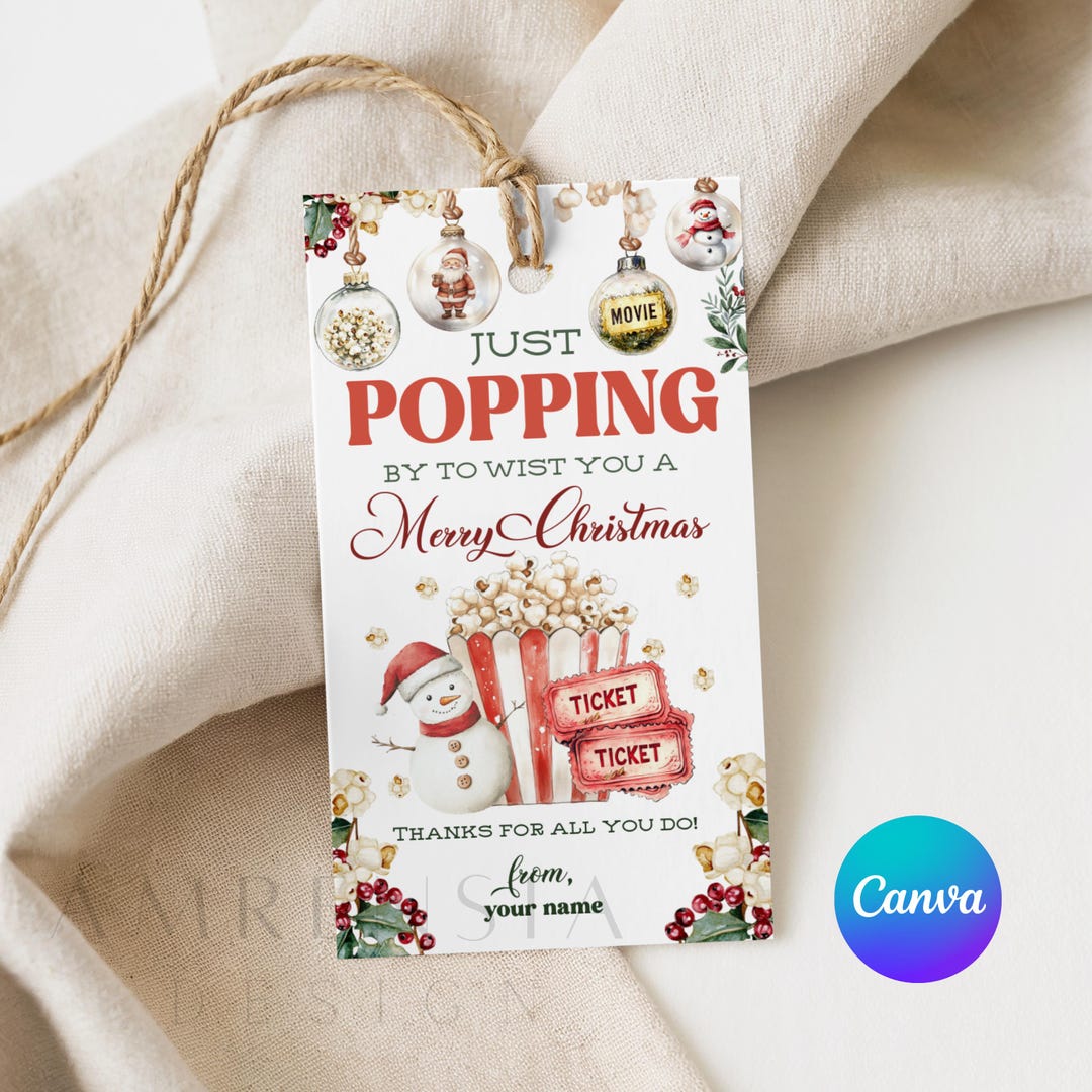 EDITABLE Just Popping by to Wish You Merry Christmas Gift Tags, Popcorn ...