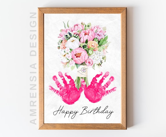Birthday Pink Bouquet Handprint Art Birthday Gift Keepsake - Etsy