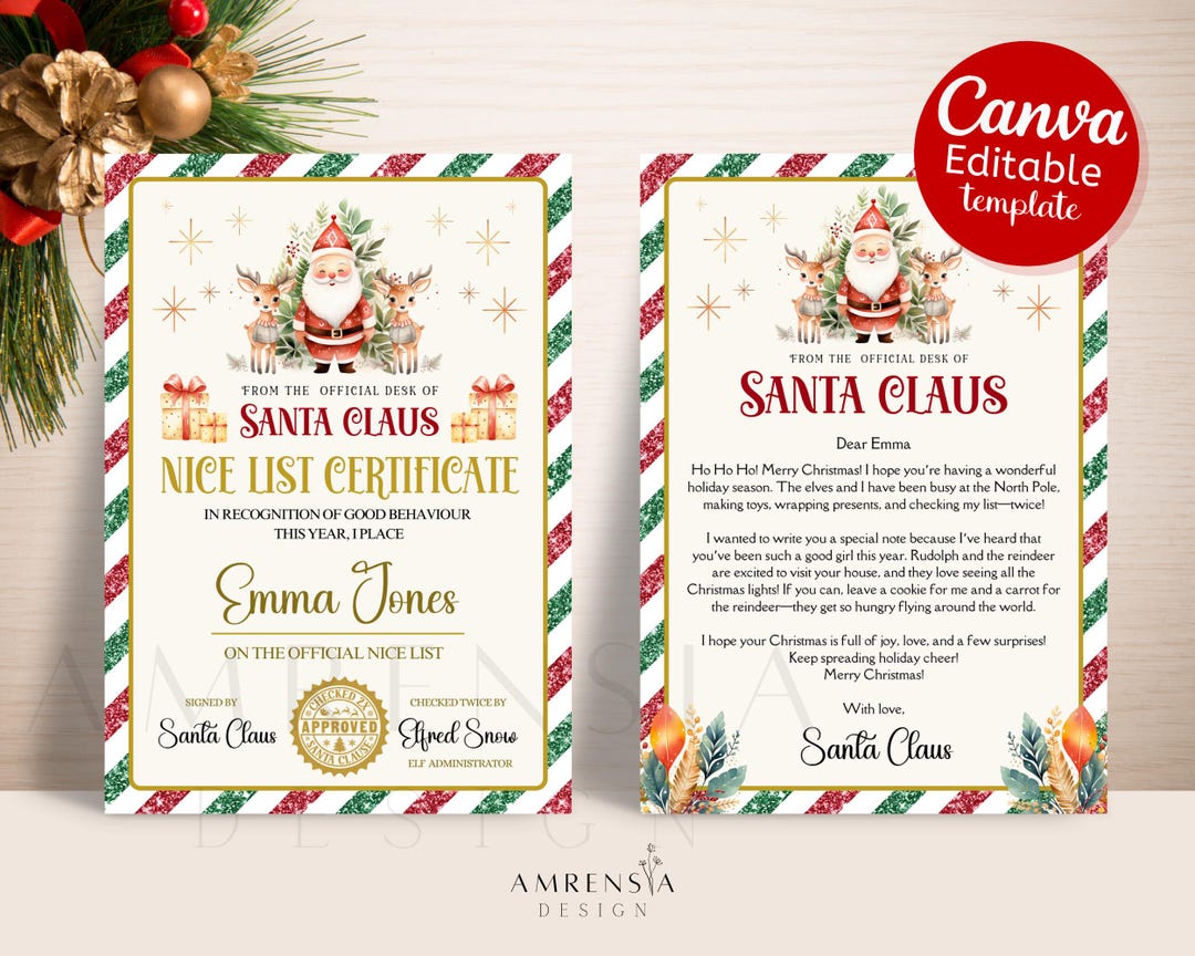 Personalized Santa Letter and Nice List Certificate Template - Canva ...